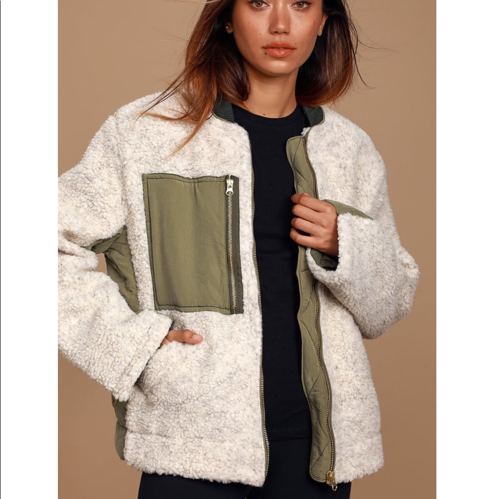 Free People Olive Green And Ivory Sherpa Jacket - Gem